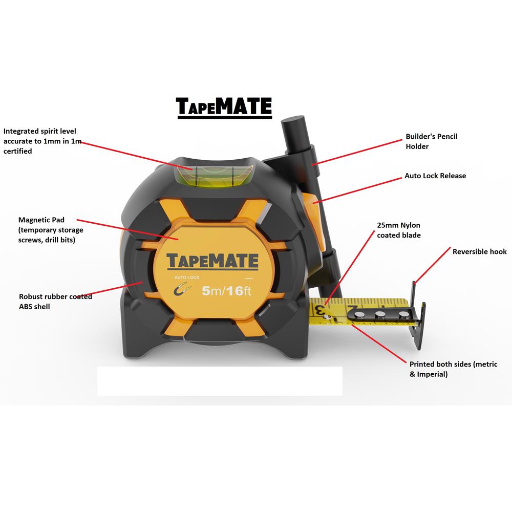 Tapemate 5m/16ft Class 1 Tape Measure 3-in-1 Tool comes with x8 Pencil ...